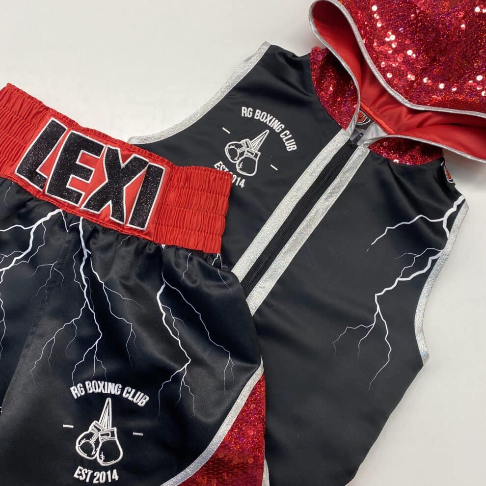 Black & Red Lightning Strike Bespoke Boxing Kit | Suzi Wong Creations Ltd