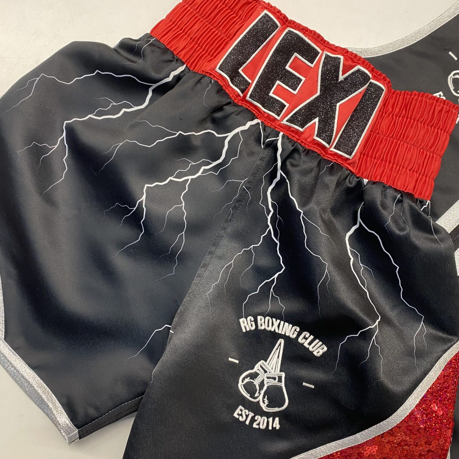 Black & Red Lightning Strike Bespoke Boxing Kit | Suzi Wong Creations Ltd