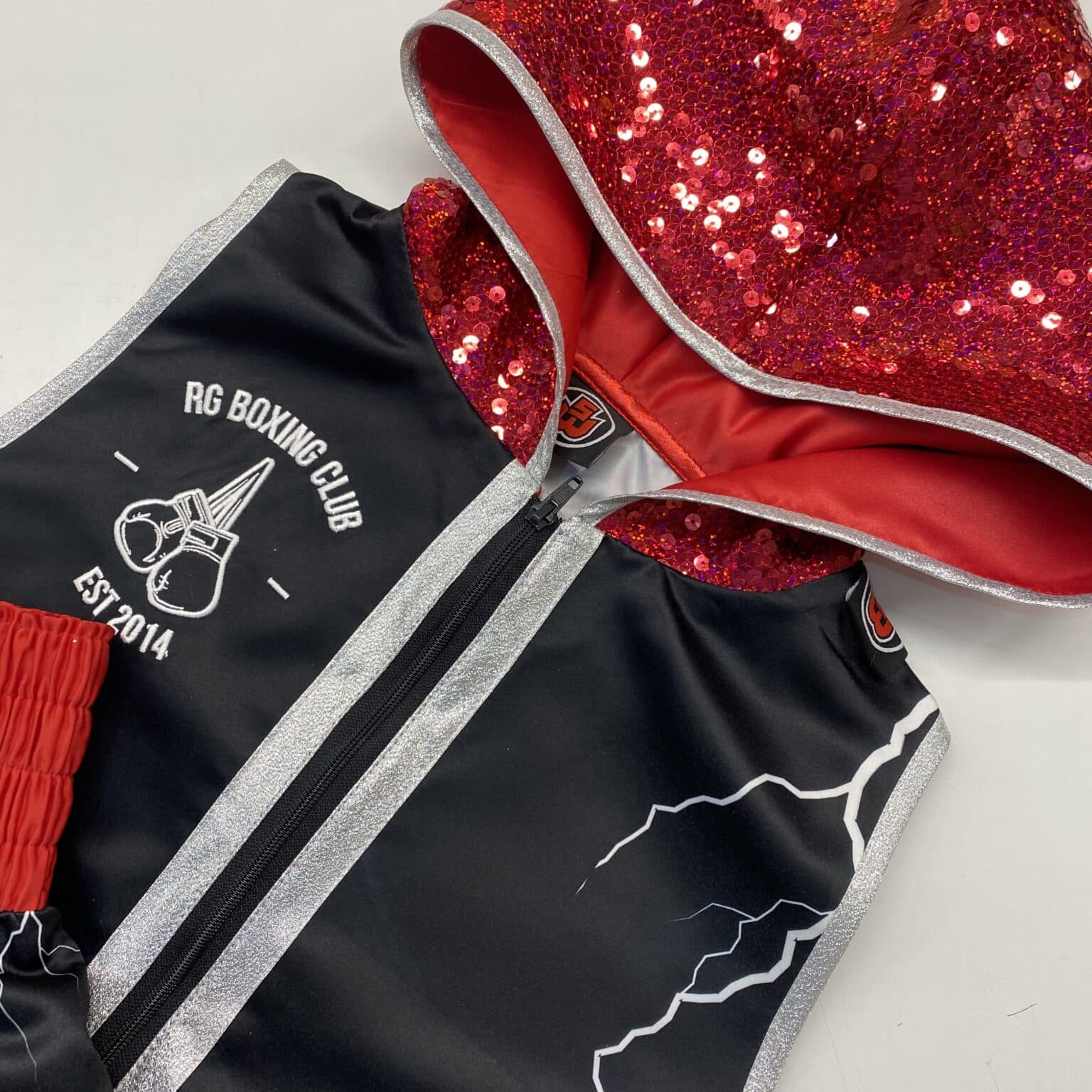 Black & Red Lightning Strike Bespoke Boxing Kit | Suzi Wong Creations Ltd