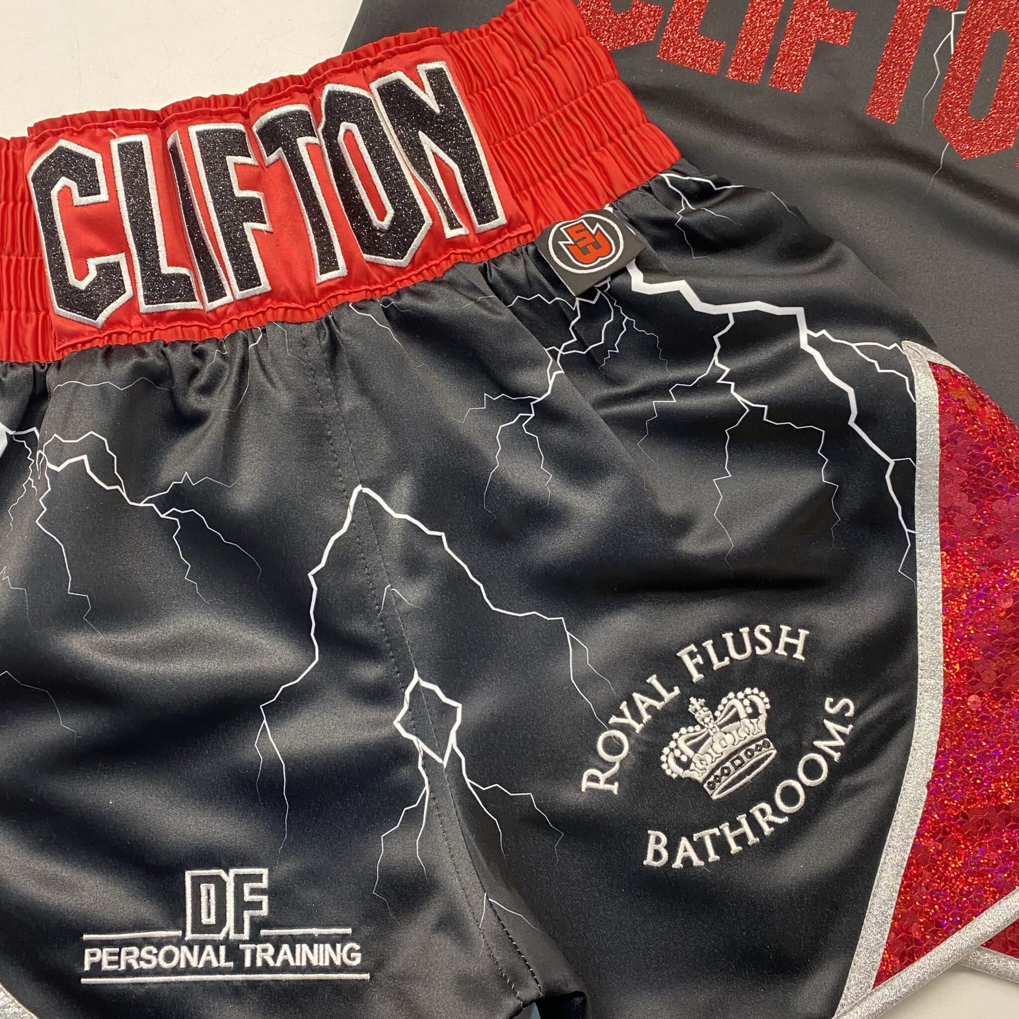 Black & Red Lightning Strike Bespoke Boxing Kit | Suzi Wong Creations Ltd